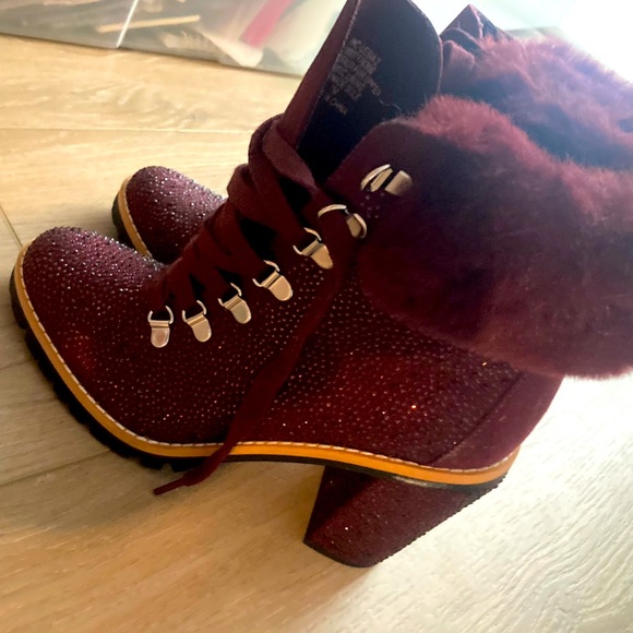 Shoes | Burgundy Bedazzled Heeled Boots W Fur | Poshmark